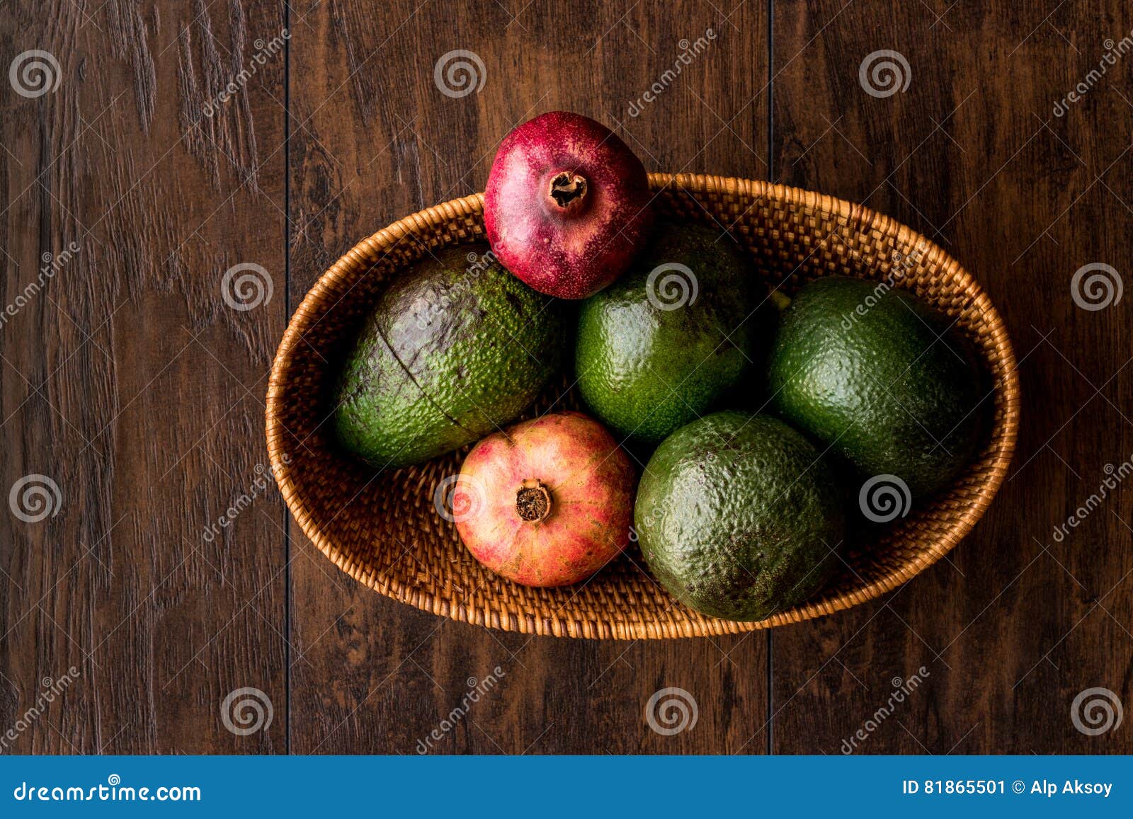 Pomegranate and Avocado in a Wooden Basket Stock Image - Image of ...