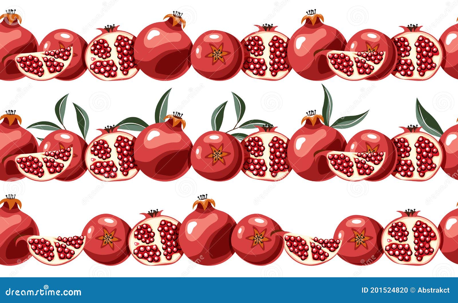 Pomegranate Fruit Whole and Half with Leaves Three Seamless Horizontal ...