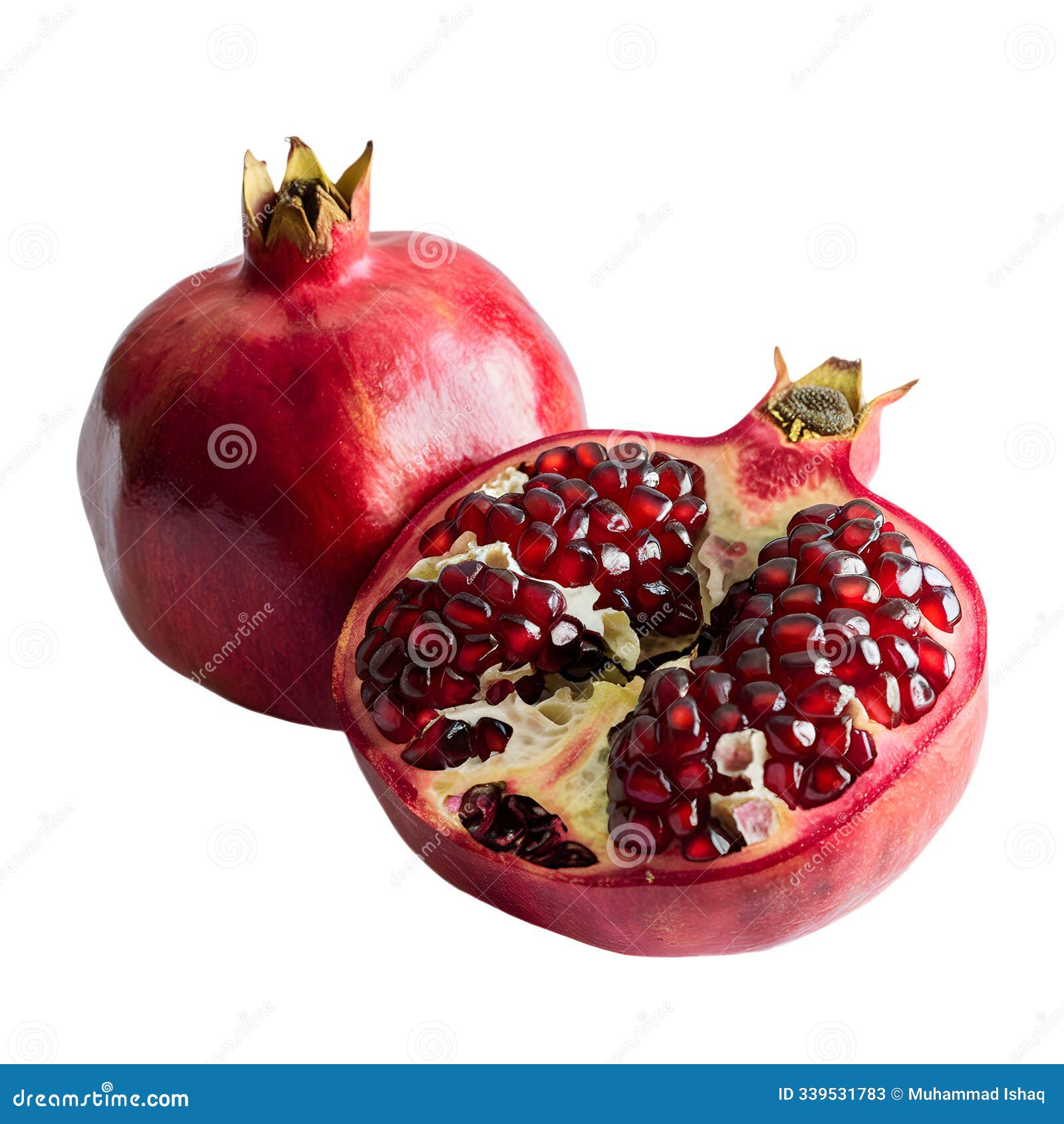 Pomegranate Split Open Exposing Vibrant Red Seeds on White Background ...