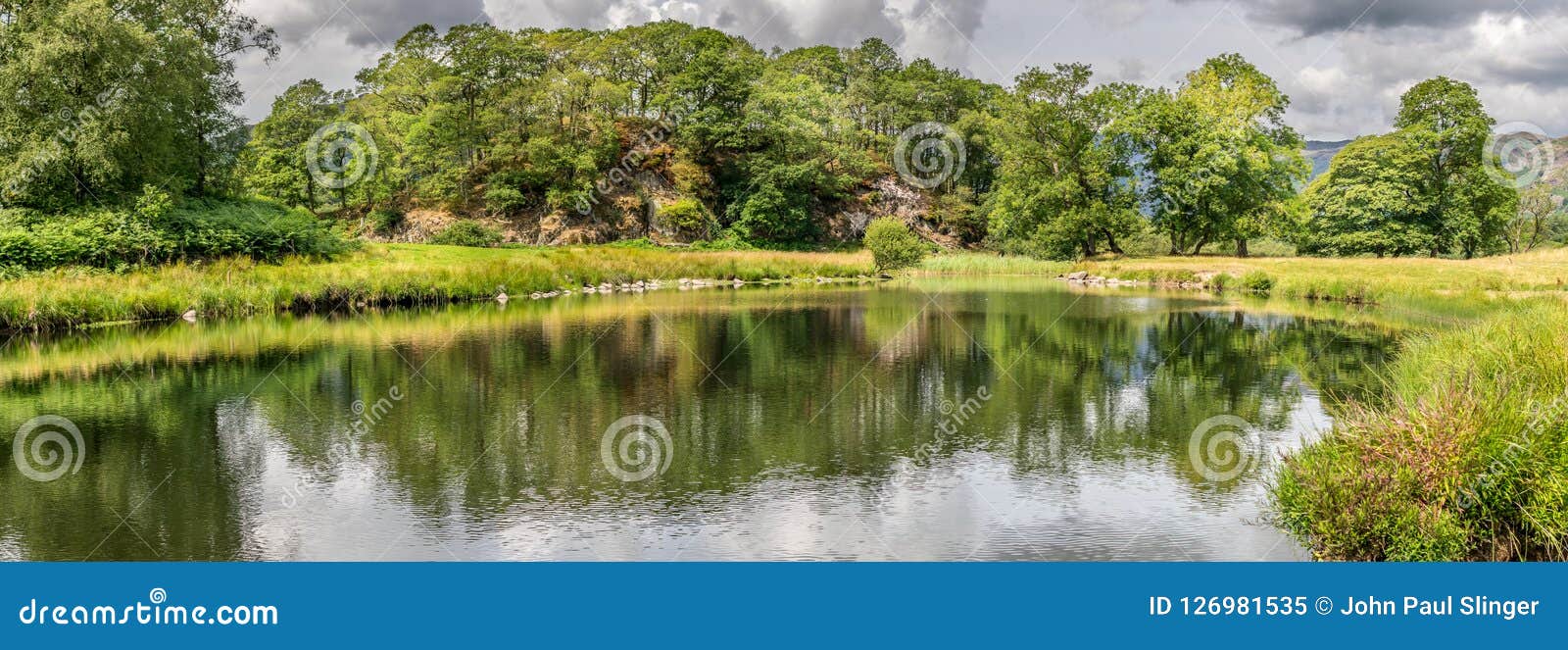 A Panorama View of a Pond or Lake with Trees and Fields. Stock Image ...