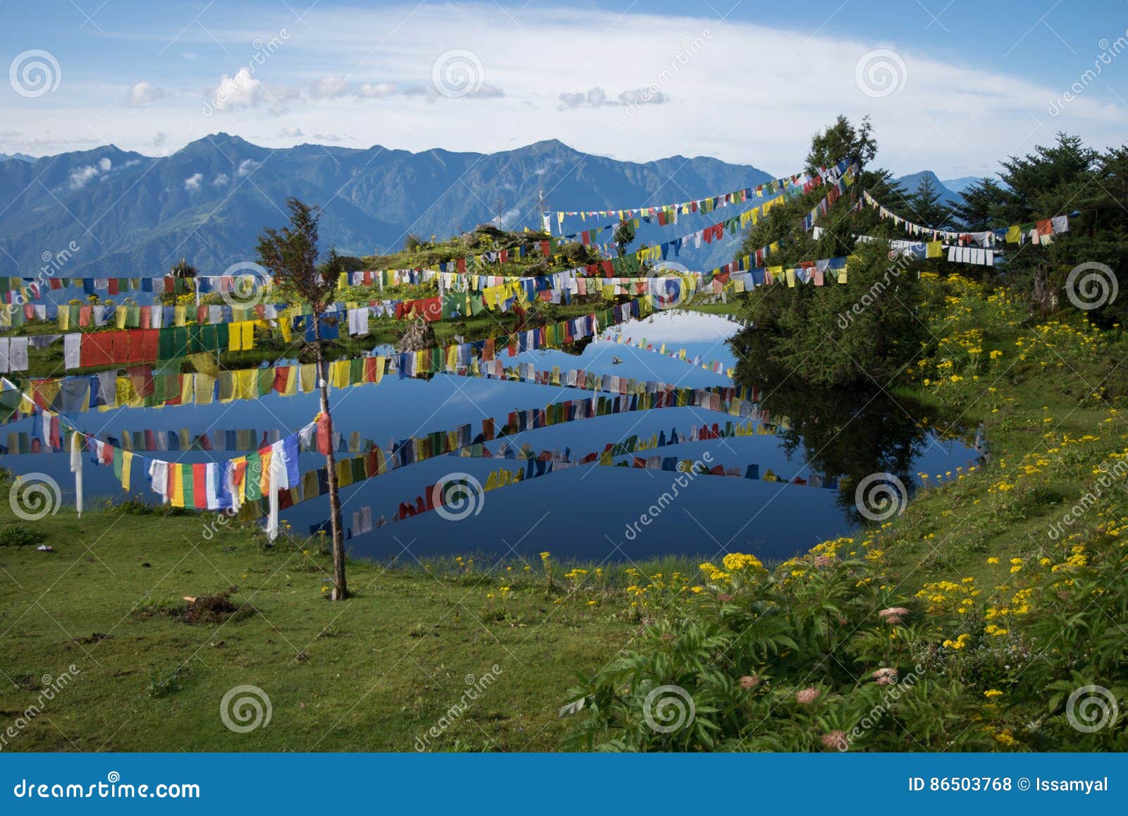 Pond with prayer flags stock photo. Image of used, reflection - 86503768