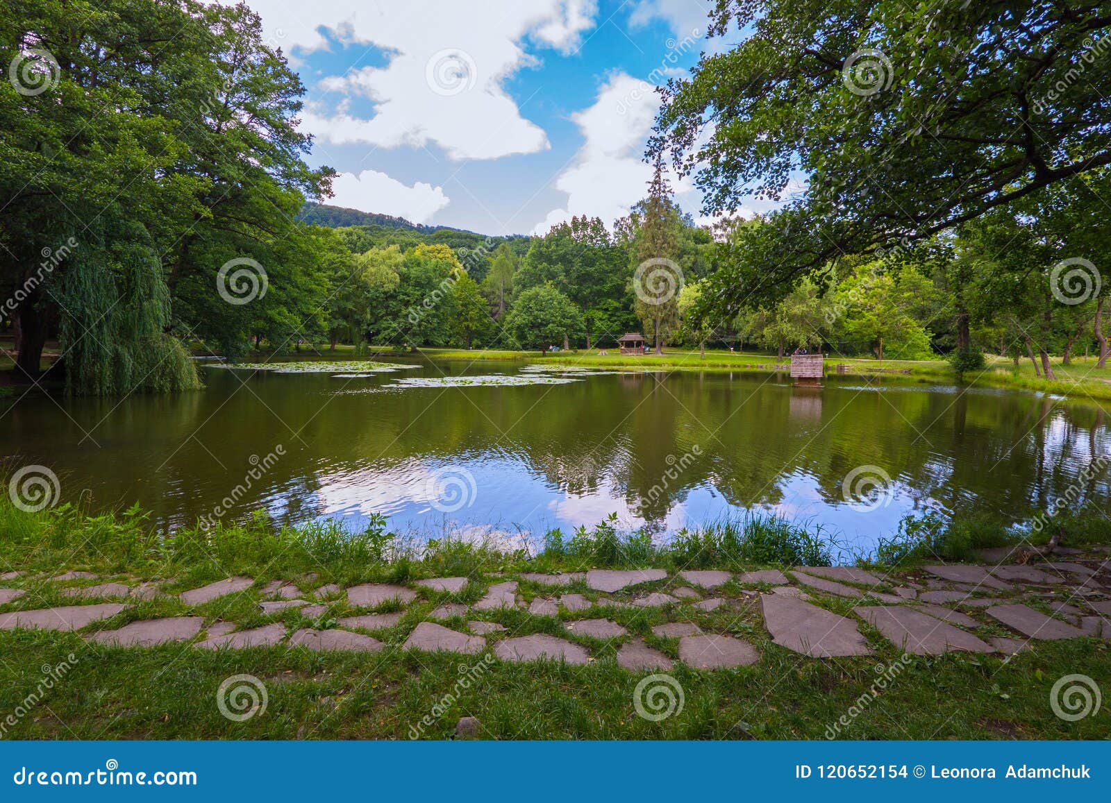 Pond with a Reflecting Cloudy Sky in a Park with a Stone Path Stock ...