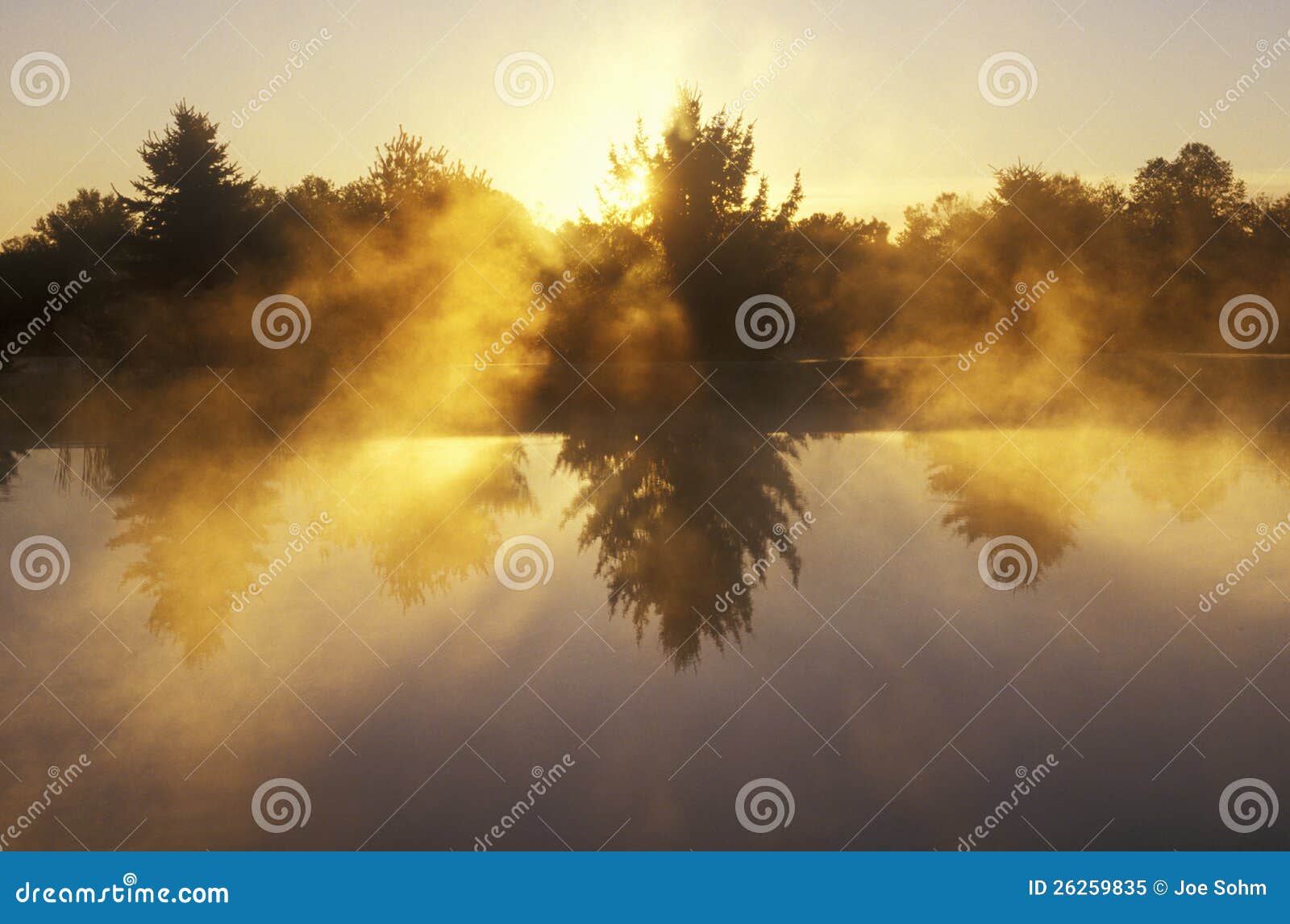 Pond at Sunrise with Morning Mist Stock Image - Image of serene ...