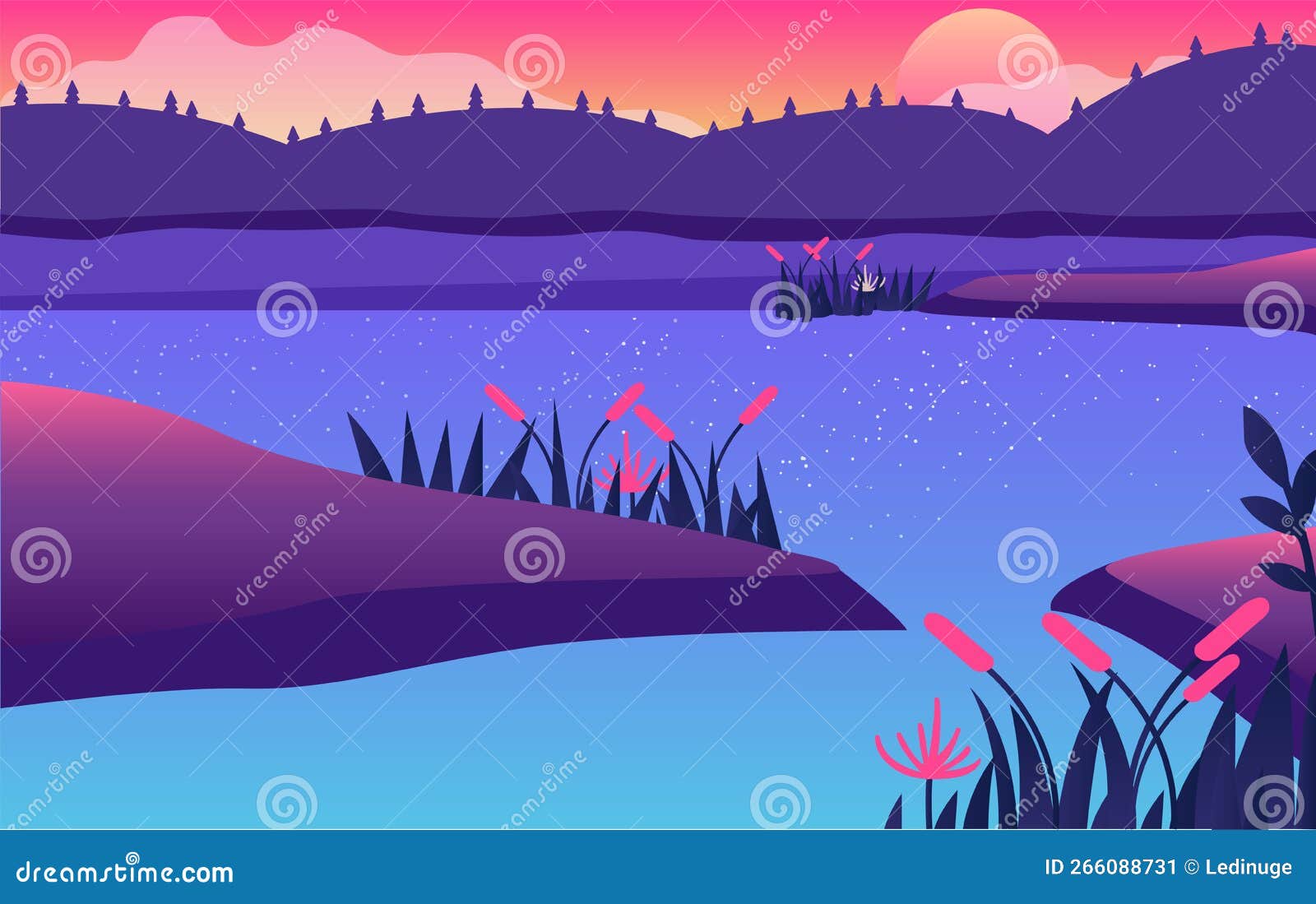 Pond Sunset Landscape with Reeds Concept. Vector Illustration Stock ...