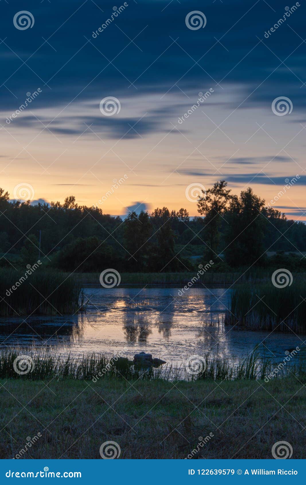 Pond Sunset Reflection with Dark Clouds and Orange Sky Stock Image ...