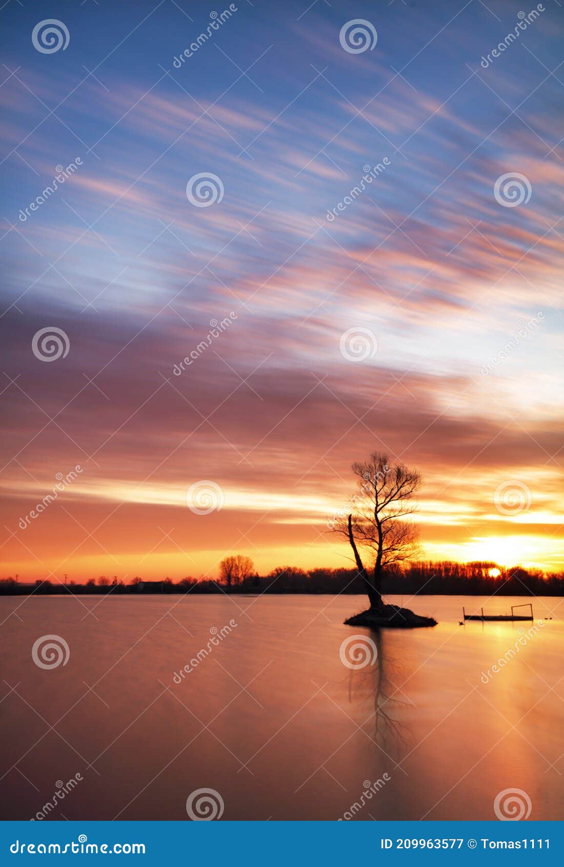 Pond at Sunset with Silhouette Tree, Water Landscape Stock Image ...