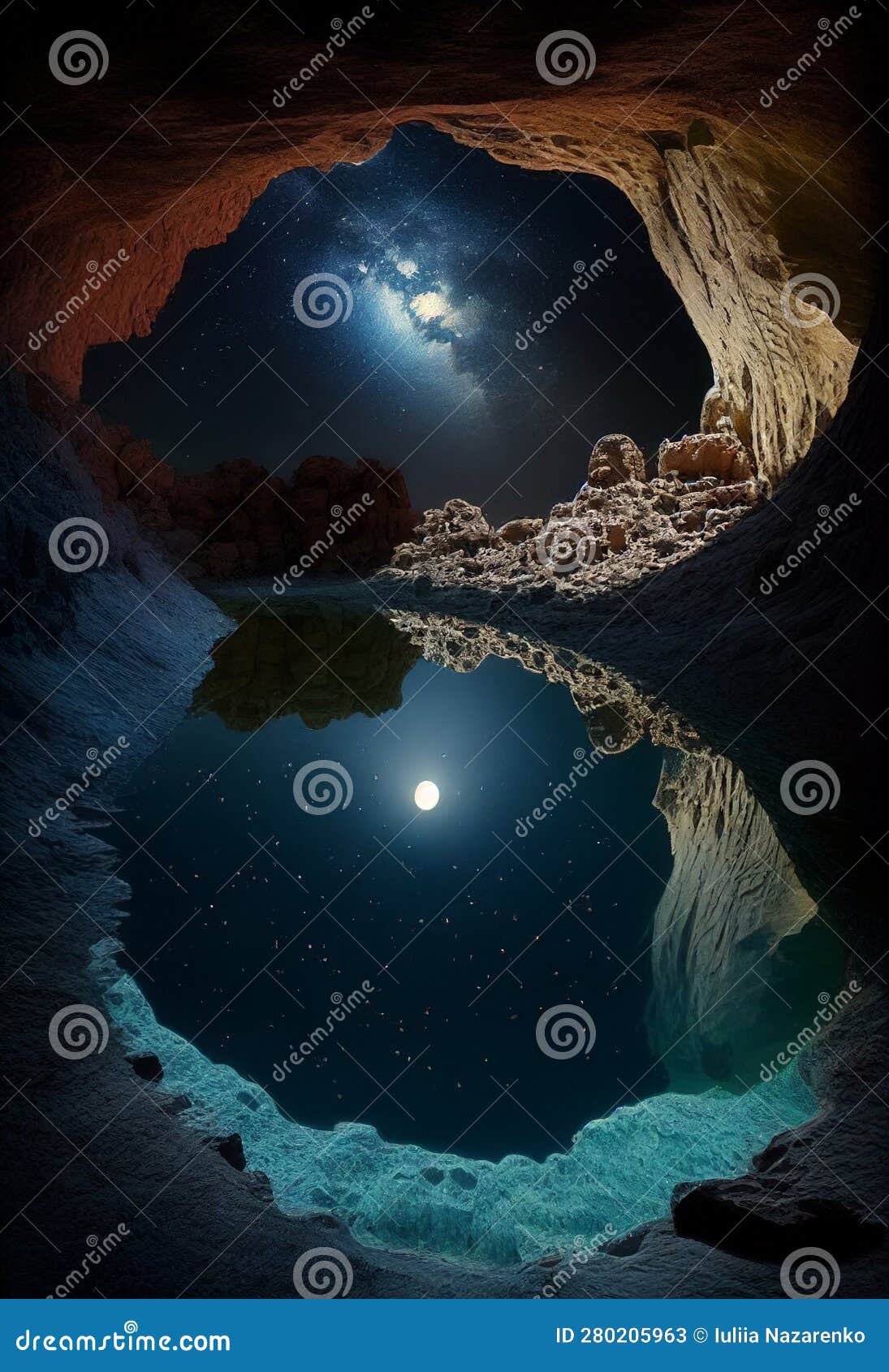 Pond Under Moonlight in a Cave. AI Generated Stock Illustration ...