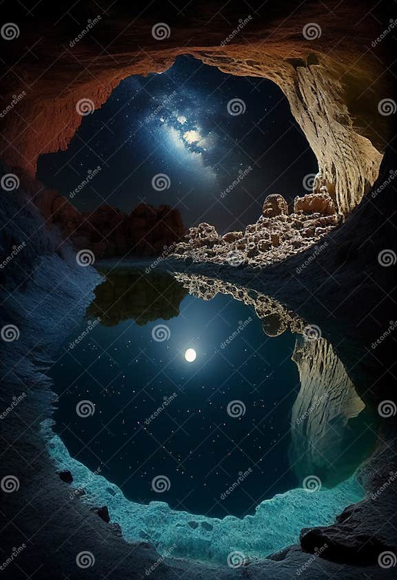 Pond Under Moonlight in a Cave. AI Generated Stock Illustration ...