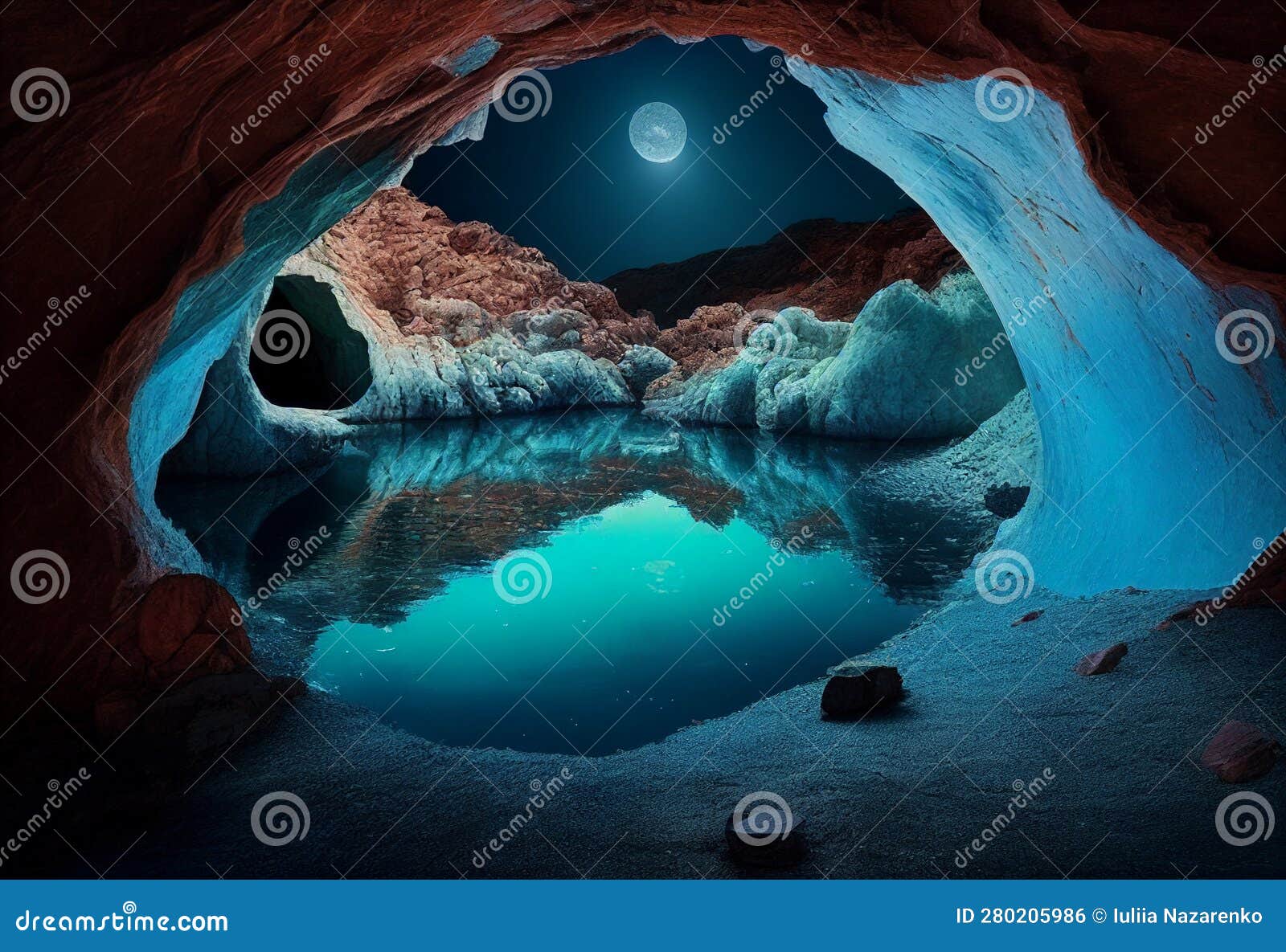 Pond Under Moonlight in a Cave. AI Generated Stock Illustration ...