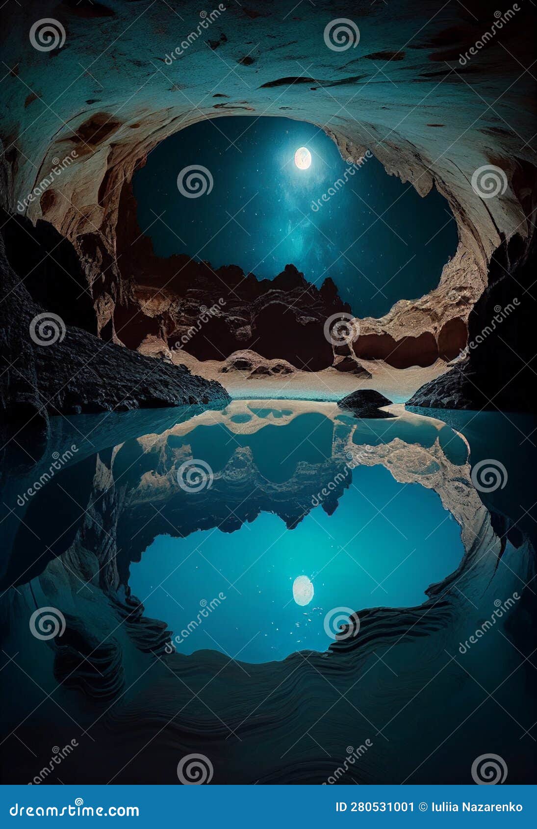Pond Under Moonlight in a Cave. AI Generated Stock Illustration ...