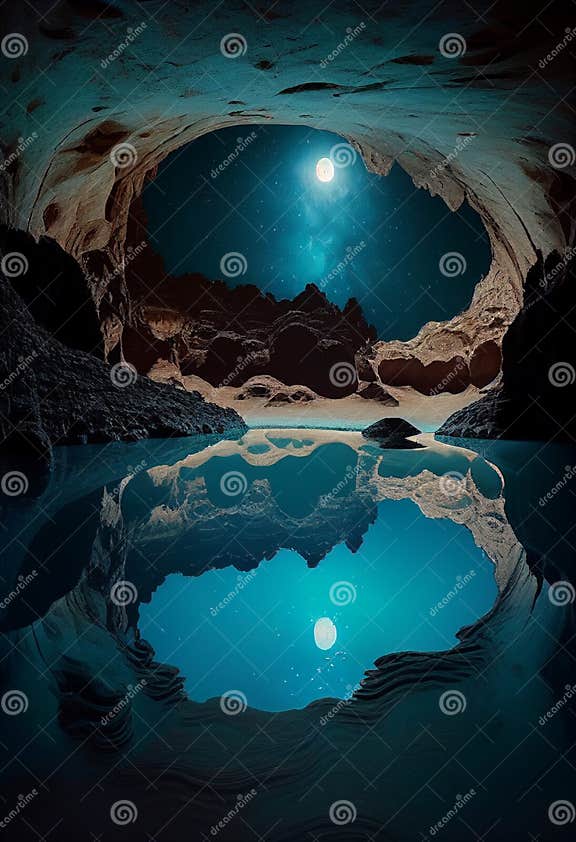 Pond Under Moonlight in a Cave. AI Generated Stock Illustration ...