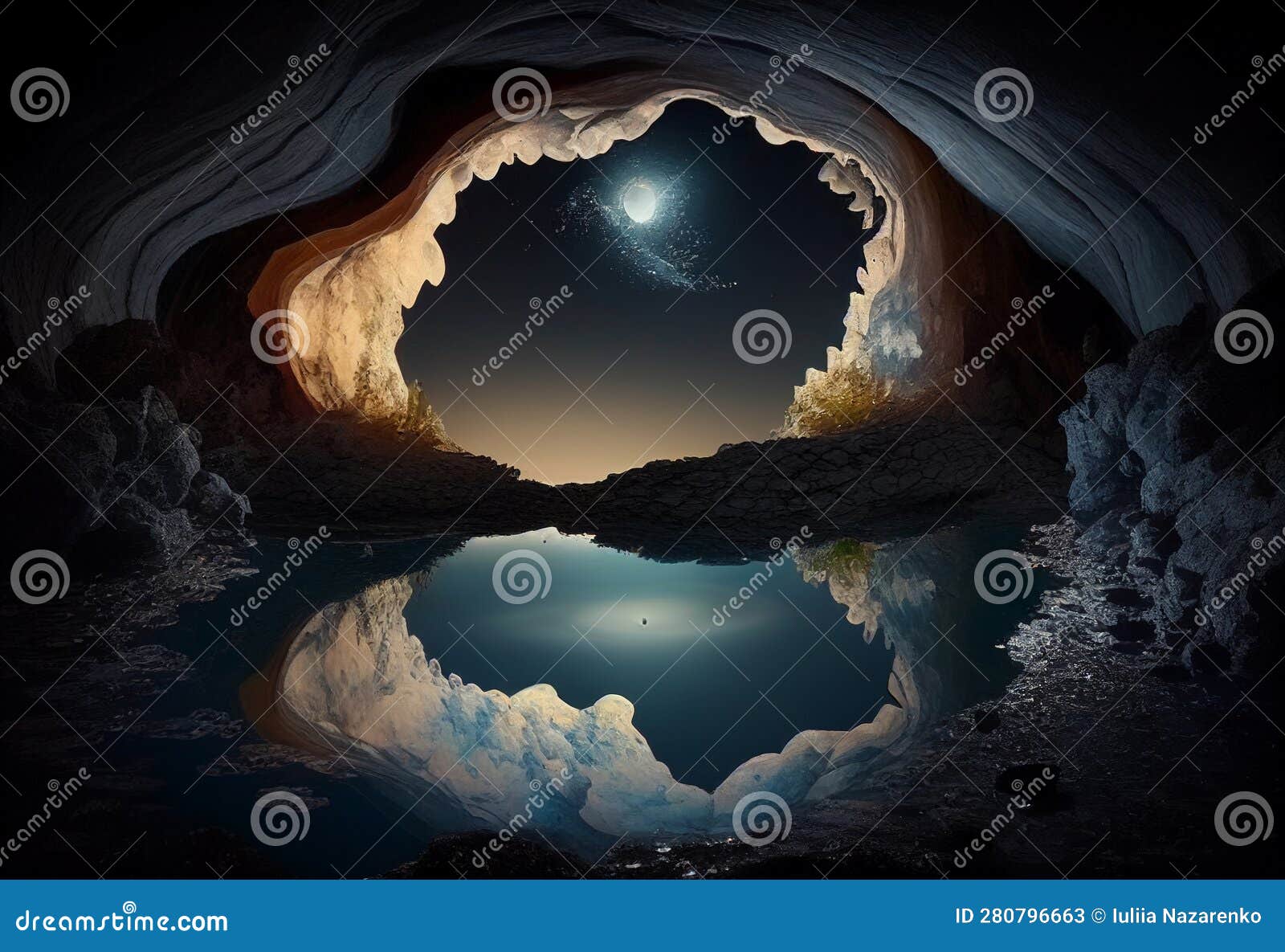 Pond Under Moonlight in a Cave. AI Generated Stock Illustration ...