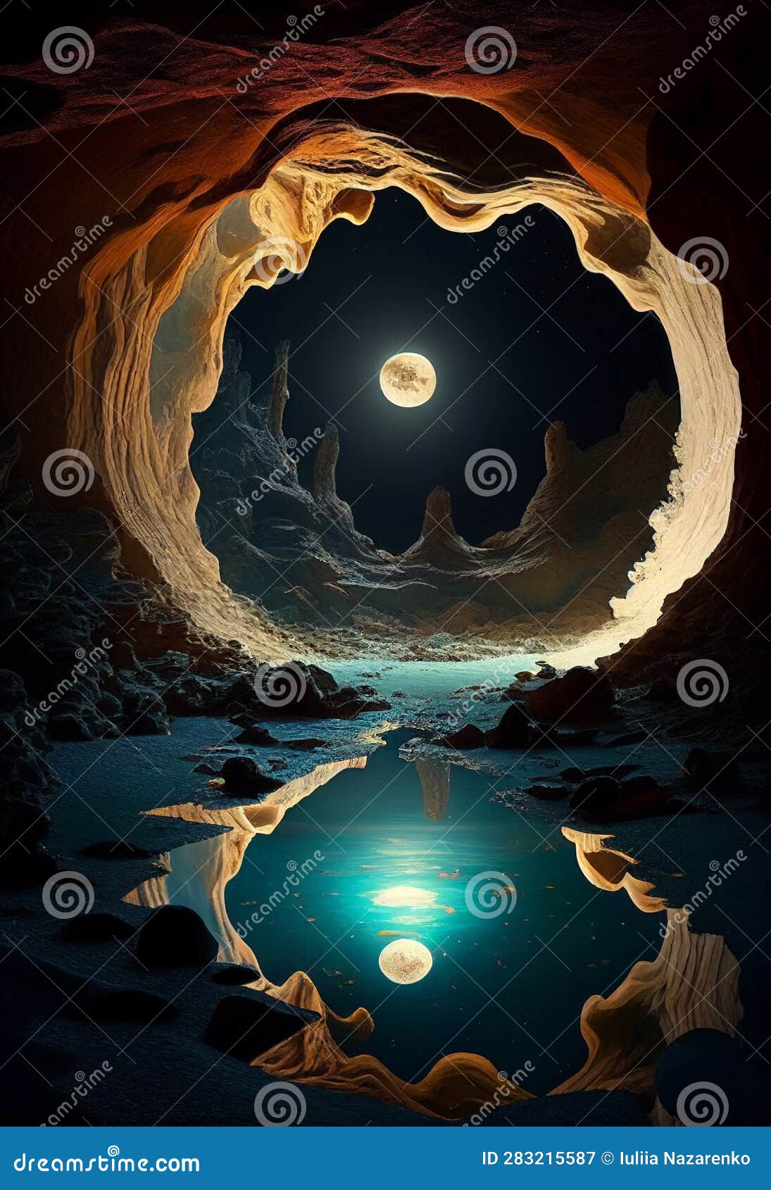 Pond Under Moonlight in a Cave. AI Generated Stock Illustration ...