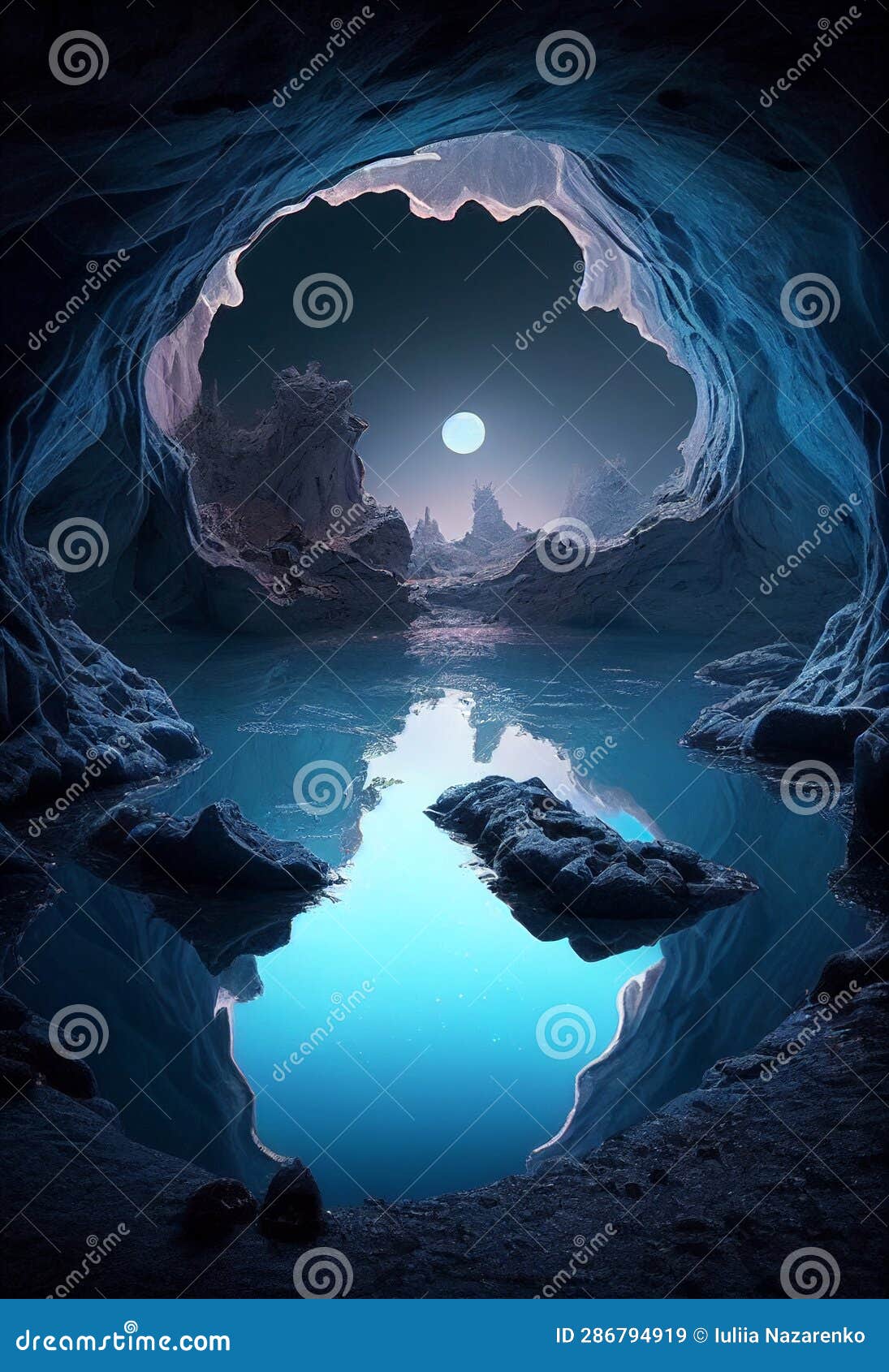 Pond Under Moonlight in a Cave. AI Generated Stock Image - Image of ...