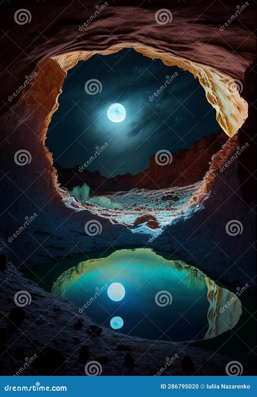 Pond Under Moonlight in a Cave. AI Generated Stock Photo - Image of ...