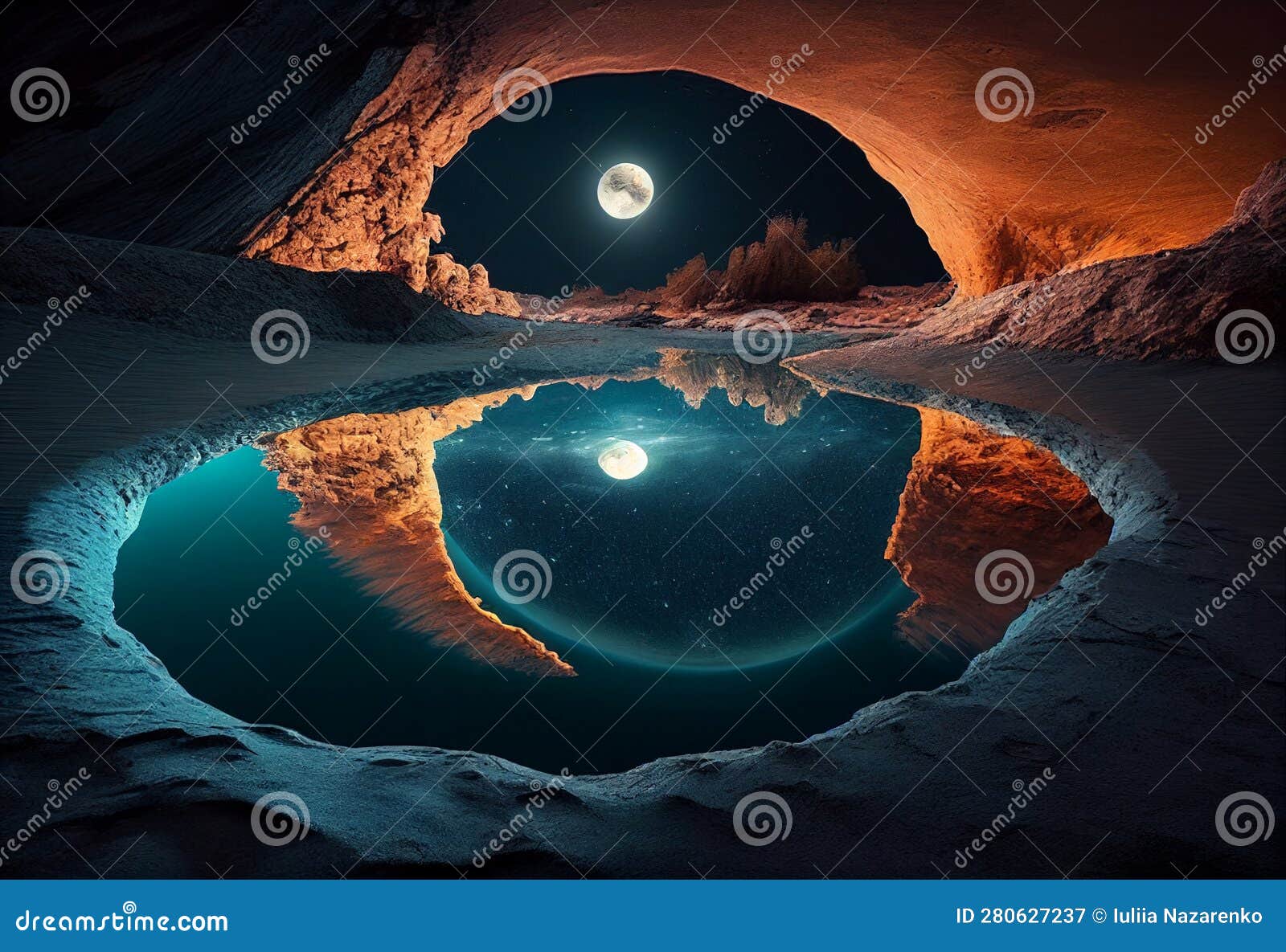 Pond Under Moonlight in a Cave. AI Generated Stock Illustration ...