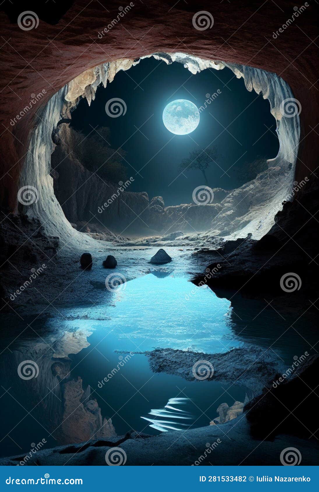 Pond Under Moonlight in a Cave. AI Generated Stock Illustration ...