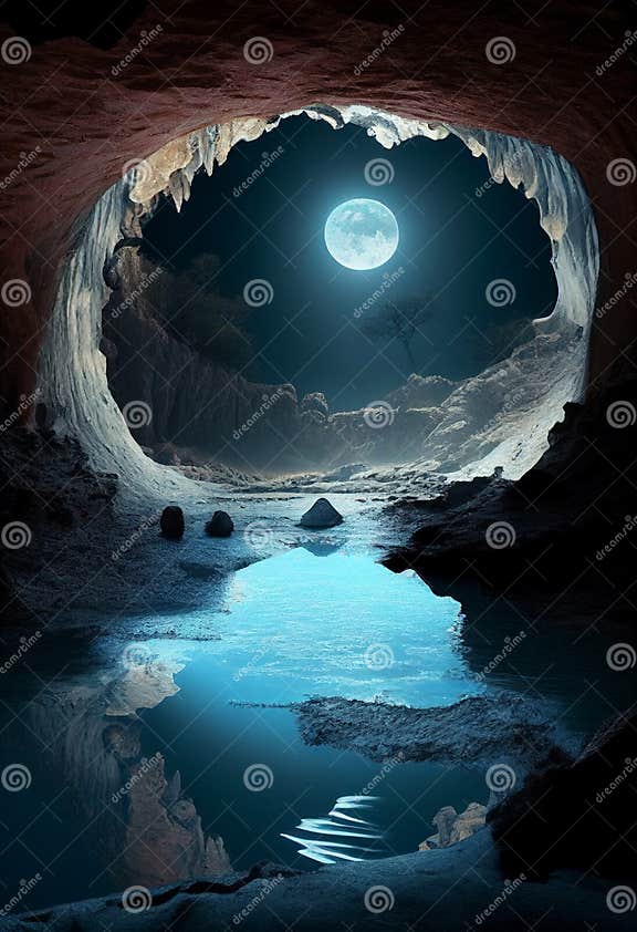 Pond Under Moonlight in a Cave. AI Generated Stock Illustration ...