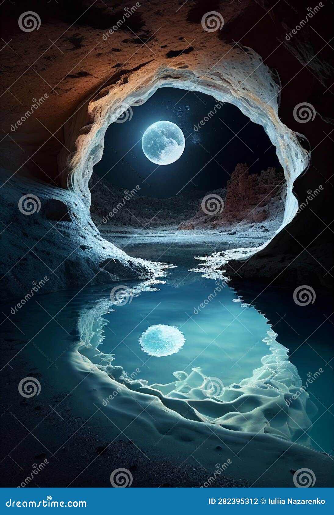 Pond Under Moonlight in a Cave. AI Generated Stock Illustration ...