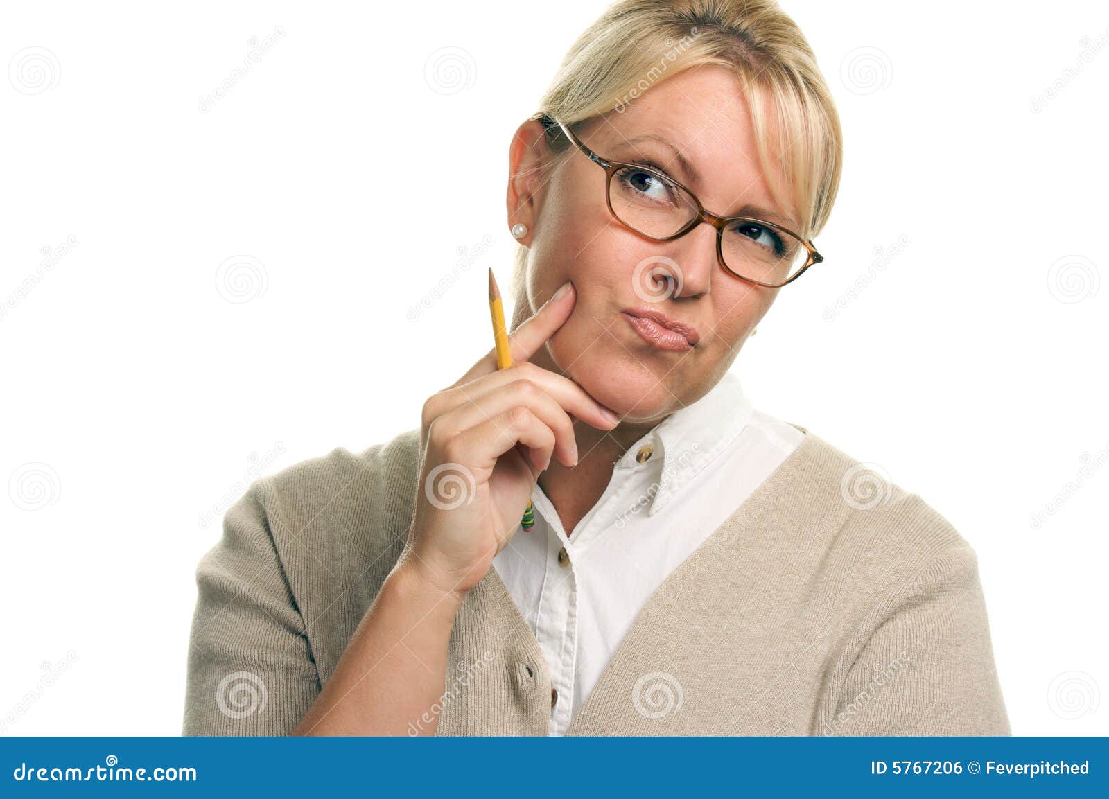 Pondering Beautiful Woman with Pencil Stock Photo - Image of knowledge ...