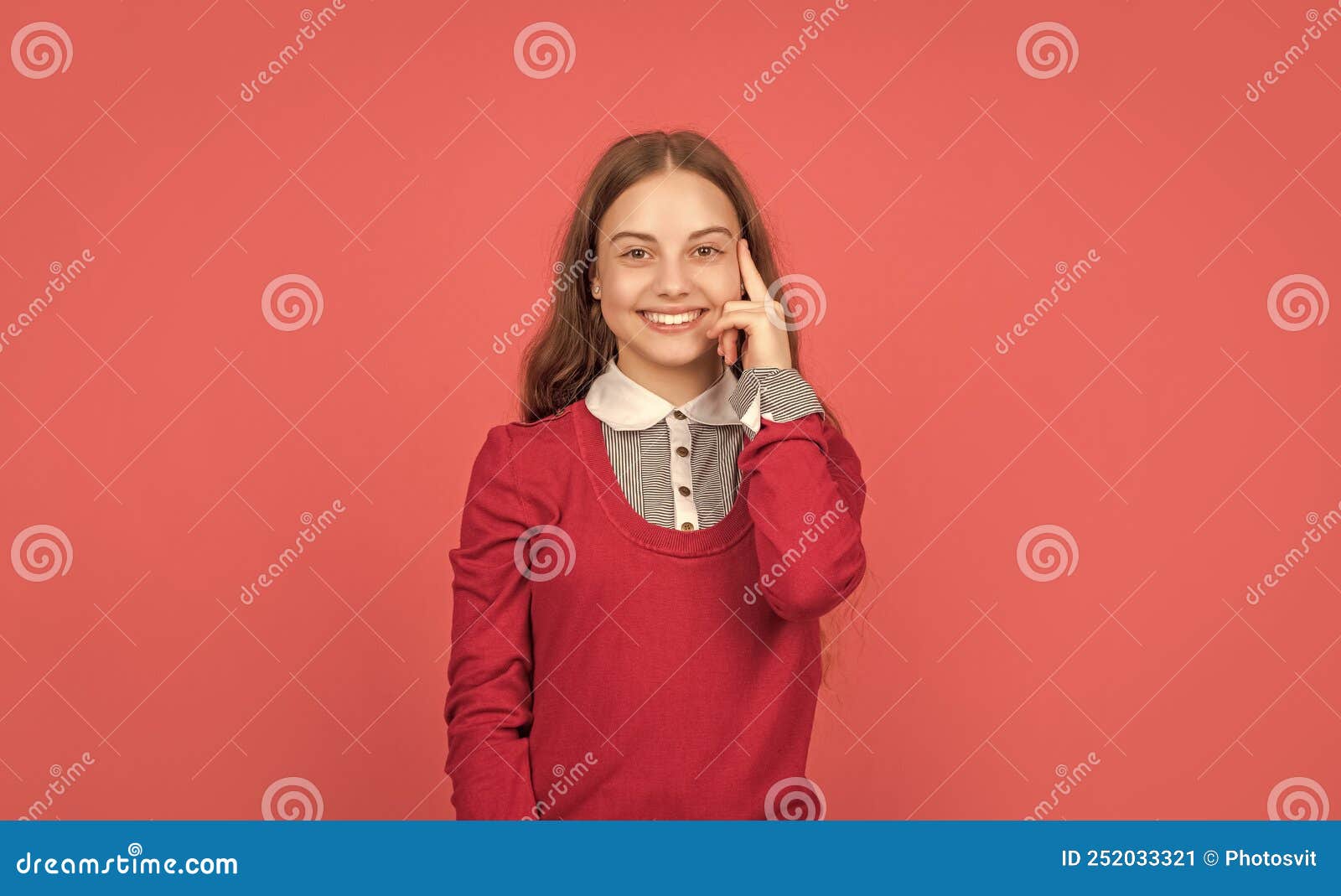 Pondering Happy Kid in School Uniform on Red Background, Student Stock ...