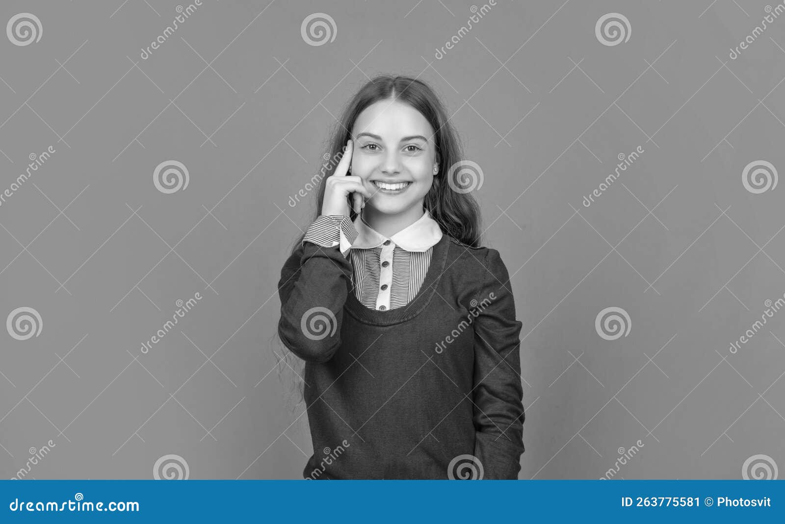 Pondering Happy Kid in School Uniform on Red Background, Student Stock ...