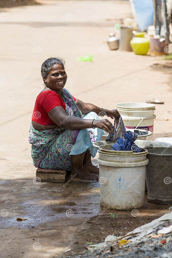 Indian Poor Woman Wash Clothes In Street Rural Village Editorial Photo