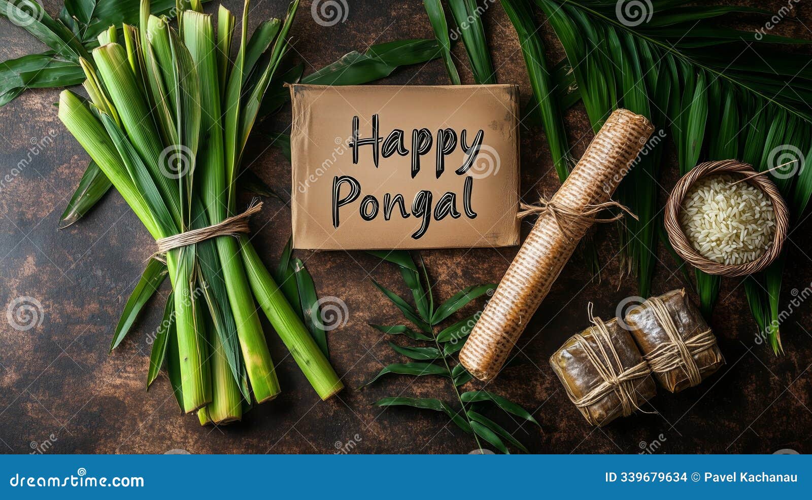 Pongal Decor with Sugarcane, Rice, and Festive Elements on a Rustic ...