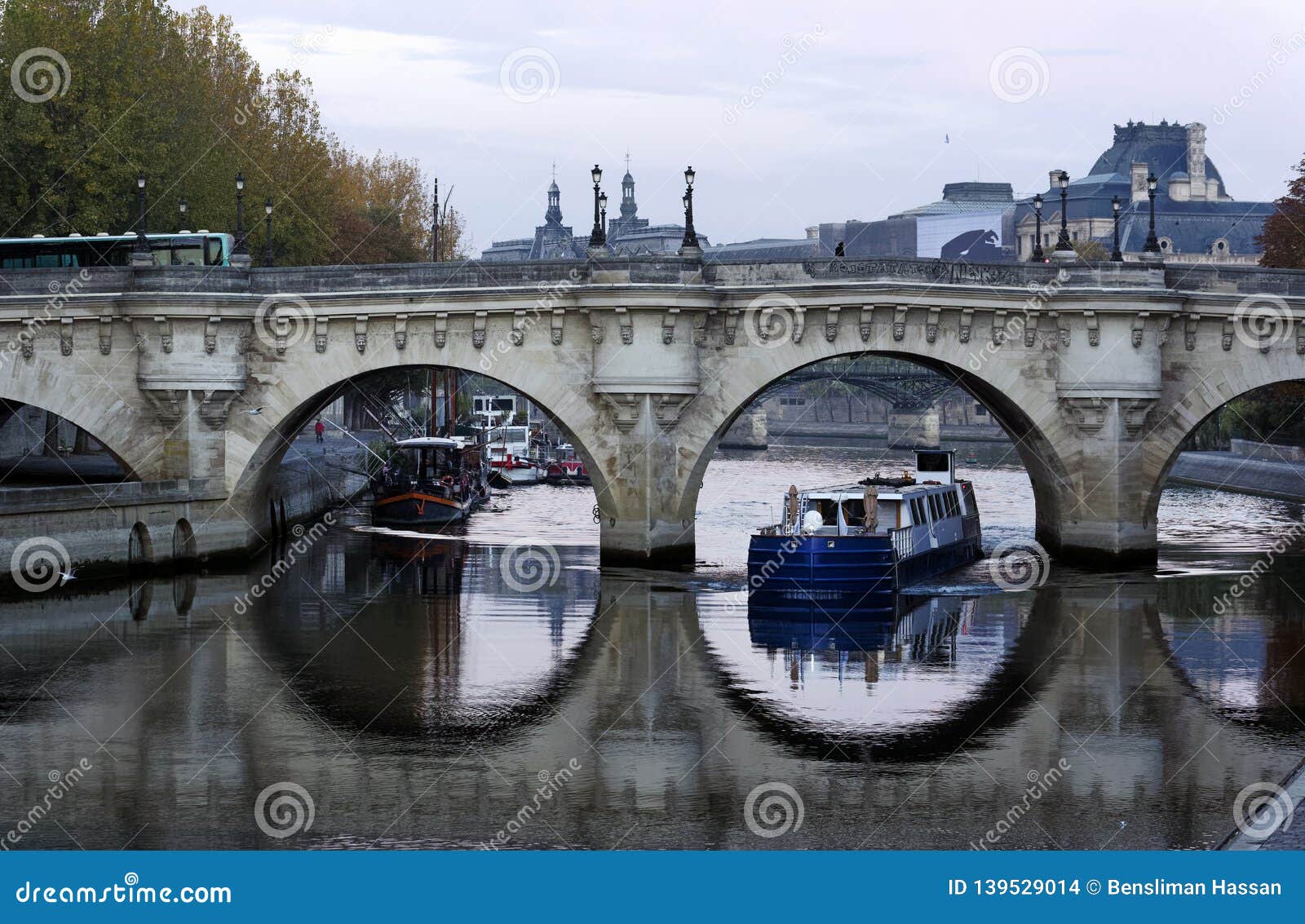 Pont Neuf Bridge Reflection in Paris City Stock Photo - Image of barge ...