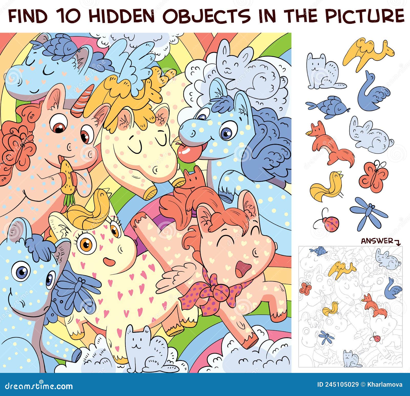 Pony Pattern. Find 10 Hidden Objects in the Picture Stock Vector ...