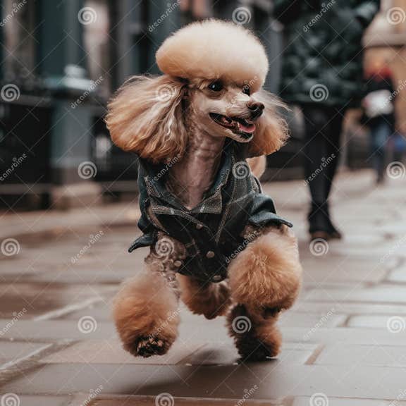 A Poodle Running Down a Sidewalk in a Leather Jacket. AI Generative ...