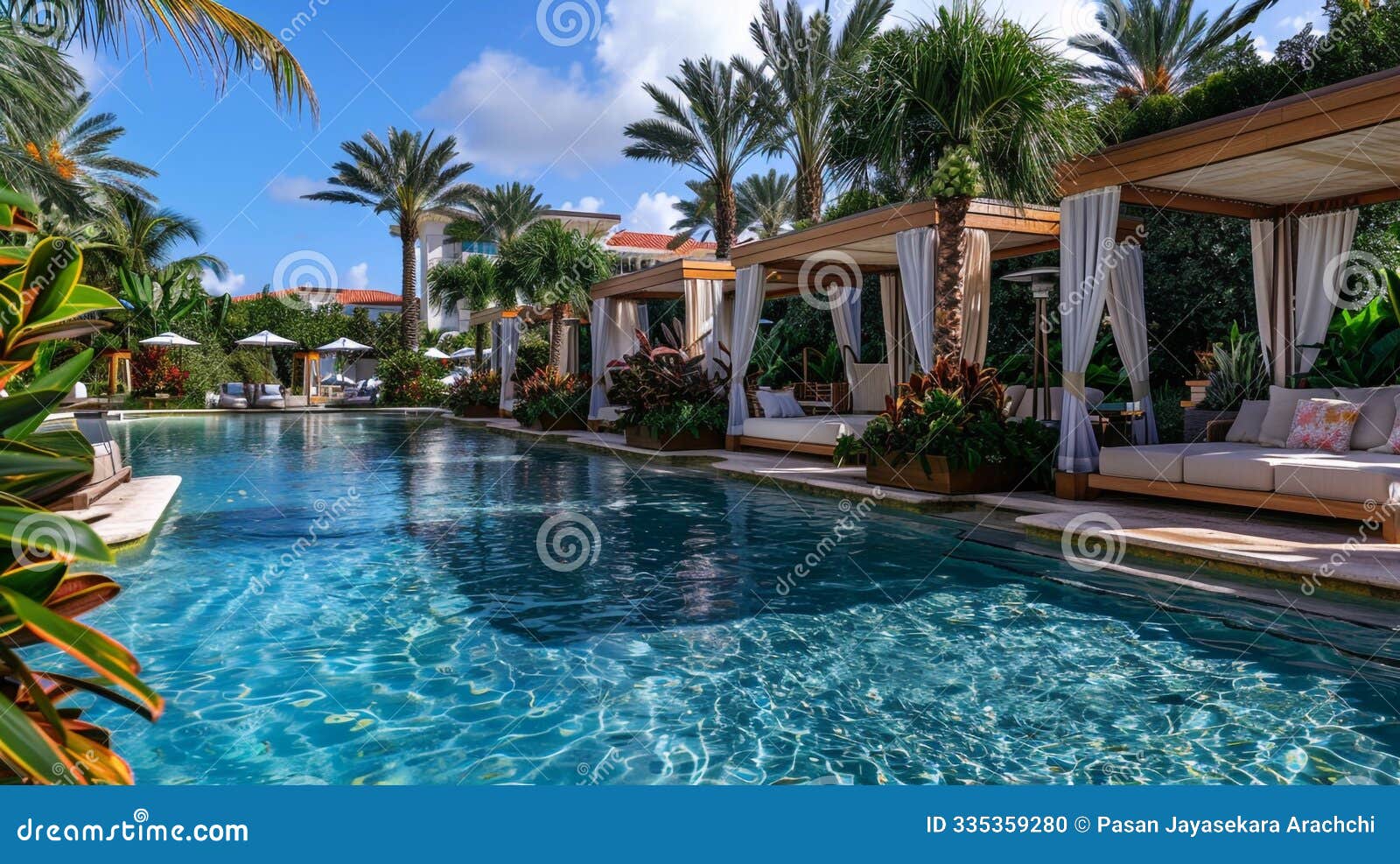 Pool Area Features Luxurious Cabanas and Tropical Plants Stock ...