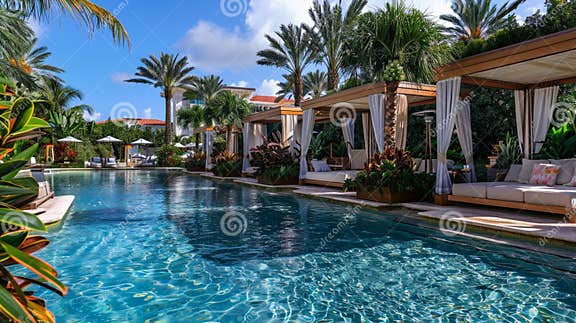 Pool Area Features Luxurious Cabanas and Tropical Plants Stock ...