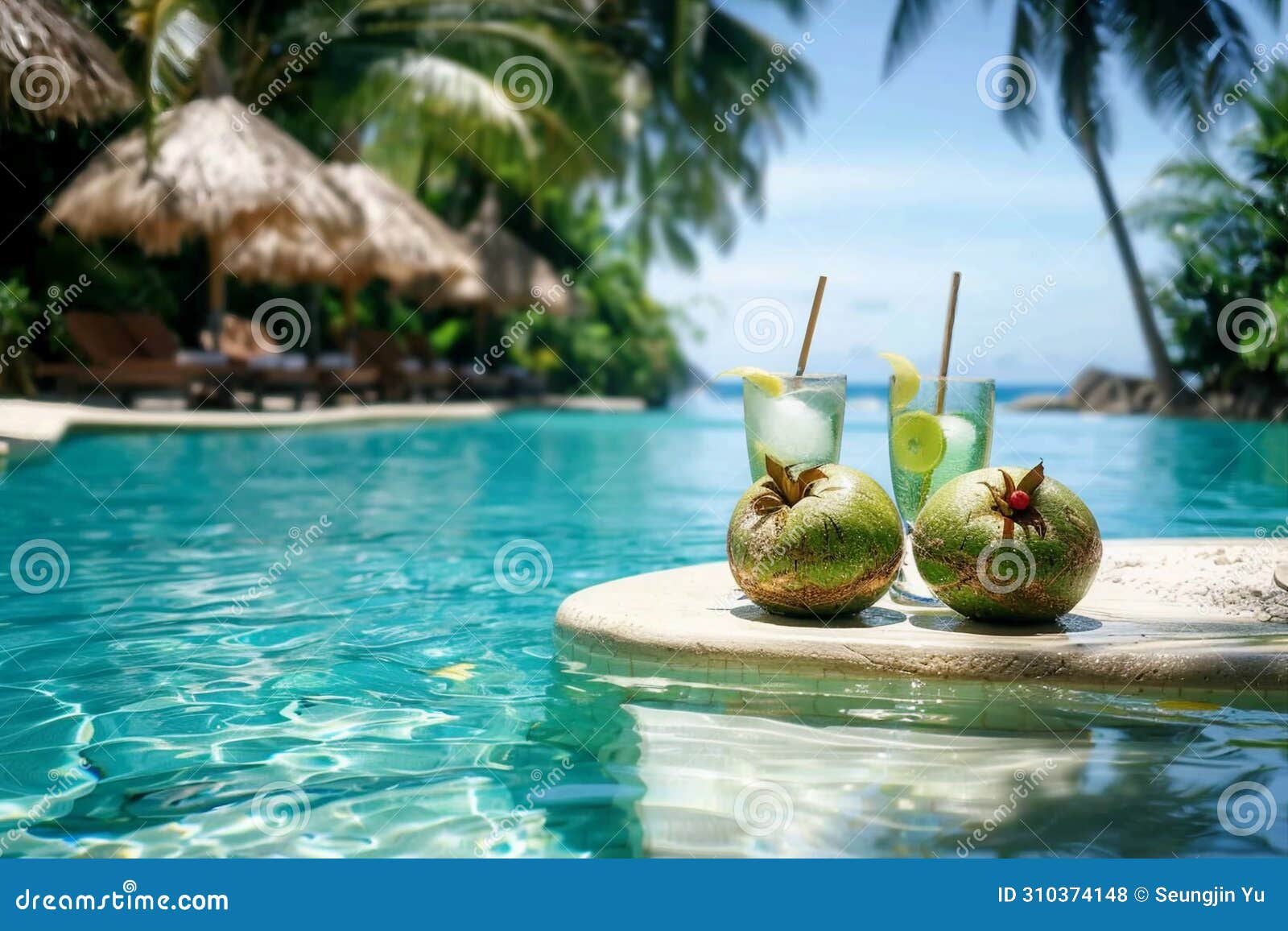 Pool with Artificial Beach and Tropical Ocean. Stock Photo - Image of ...