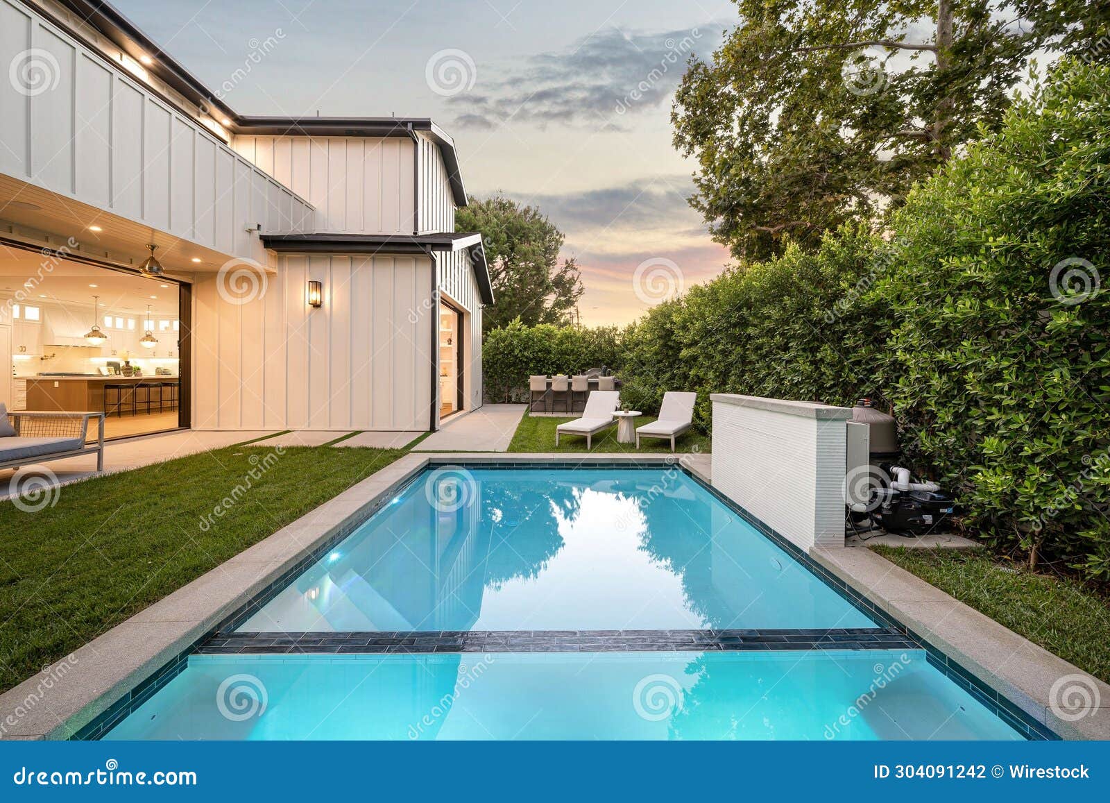A Pool in the Backyard with a View of Trees and Shrubs Editorial ...