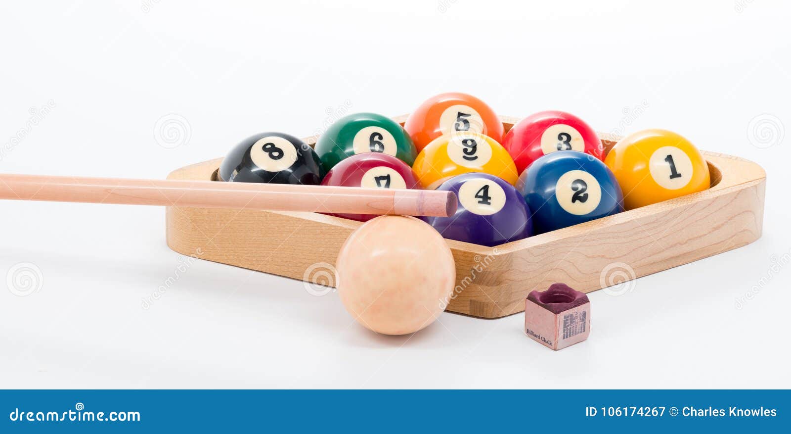 9 Ball Pool Rack with Queue and Chalk Stock Image - Image of pool ...