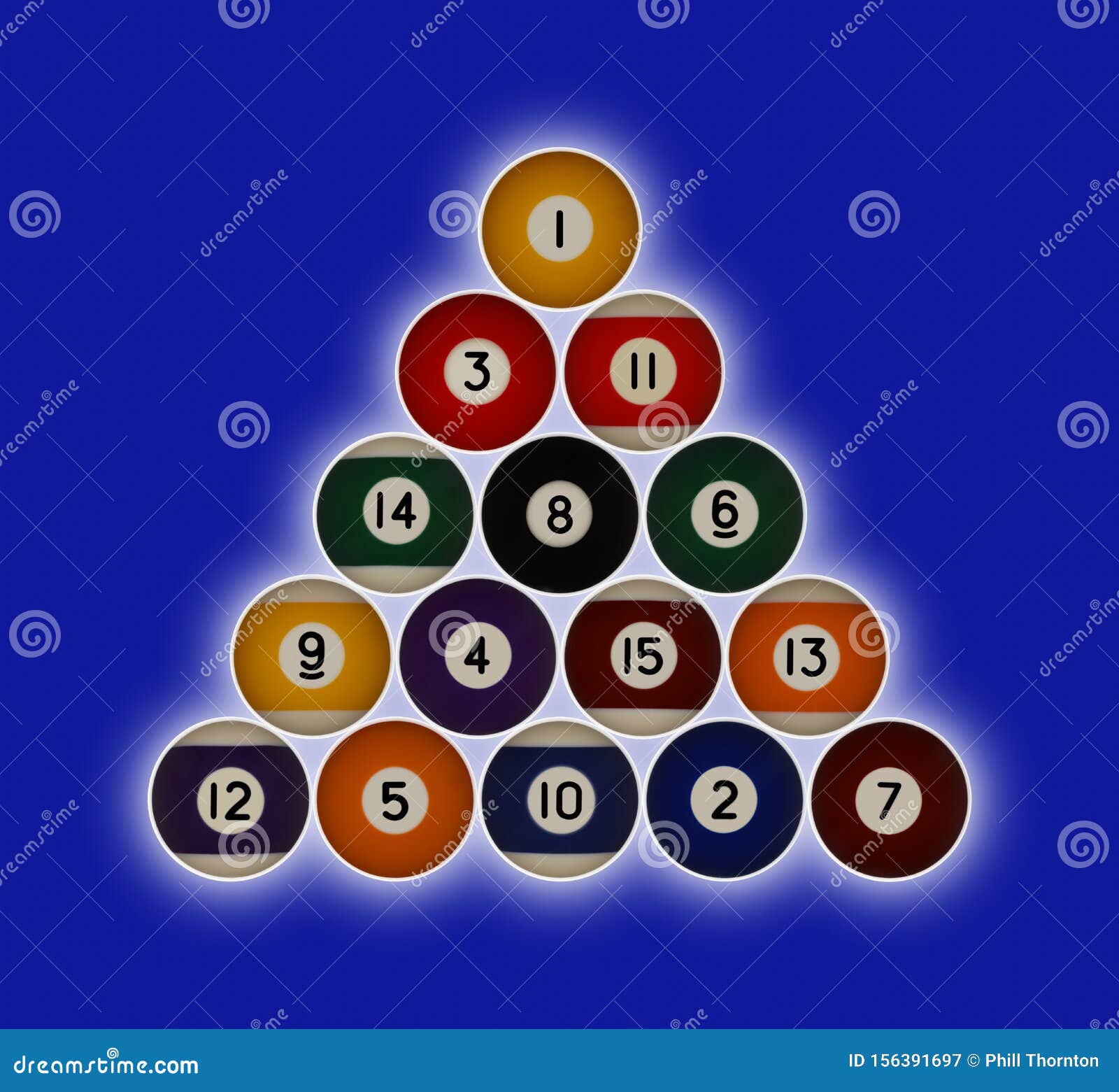 Pool Balls Numbered 1-15 in a Triangle Formation on a Blue Background ...