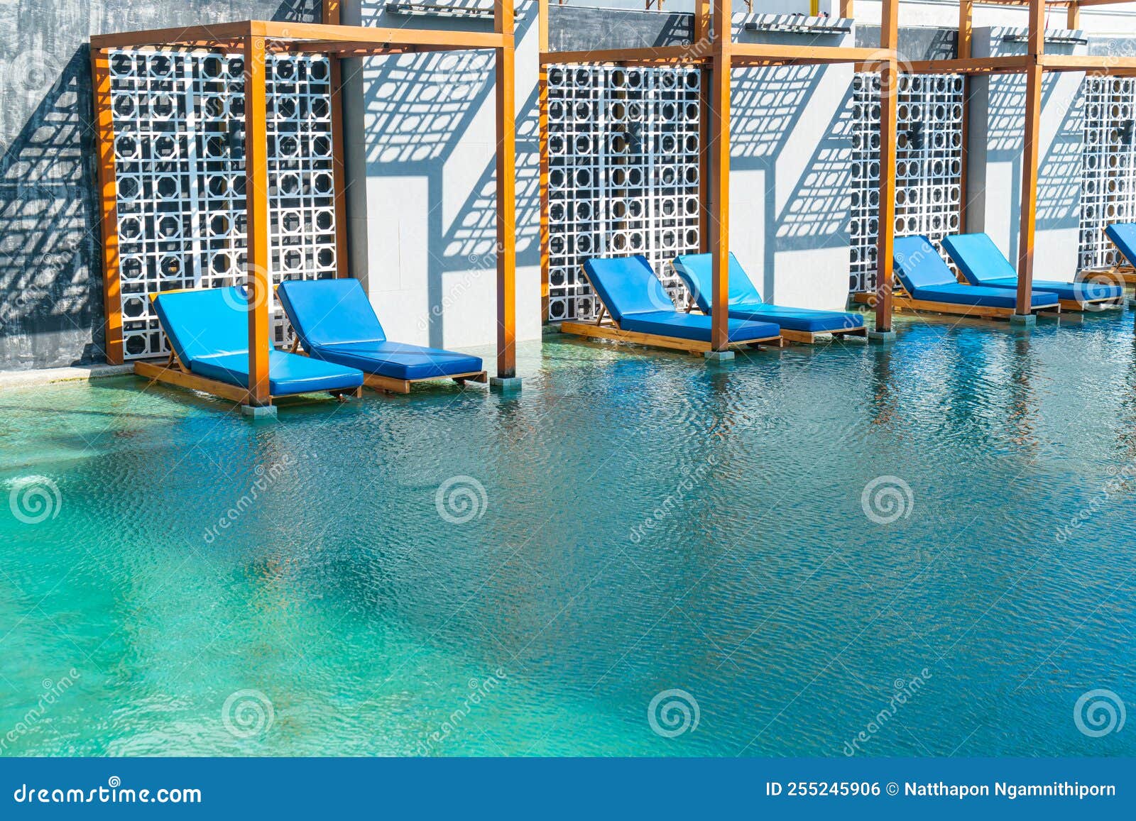 Pool Bed Around Swimming Pool Stock Photo - Image of palm, sunrise ...