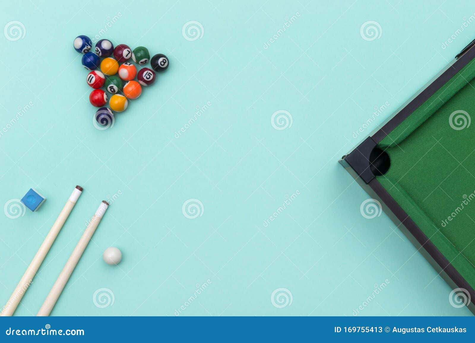 Pool Billiard Green Table and Equipments on a Green Background Stock ...
