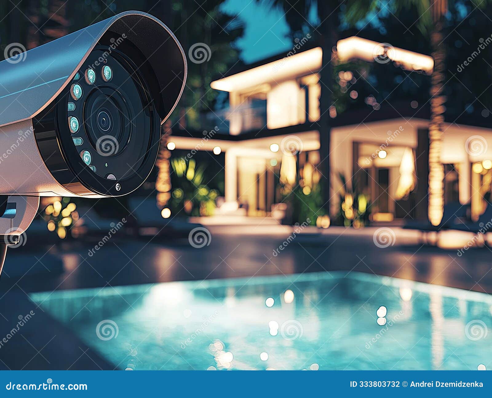 Pool Camera Monitors Modern House with Security System Stock ...