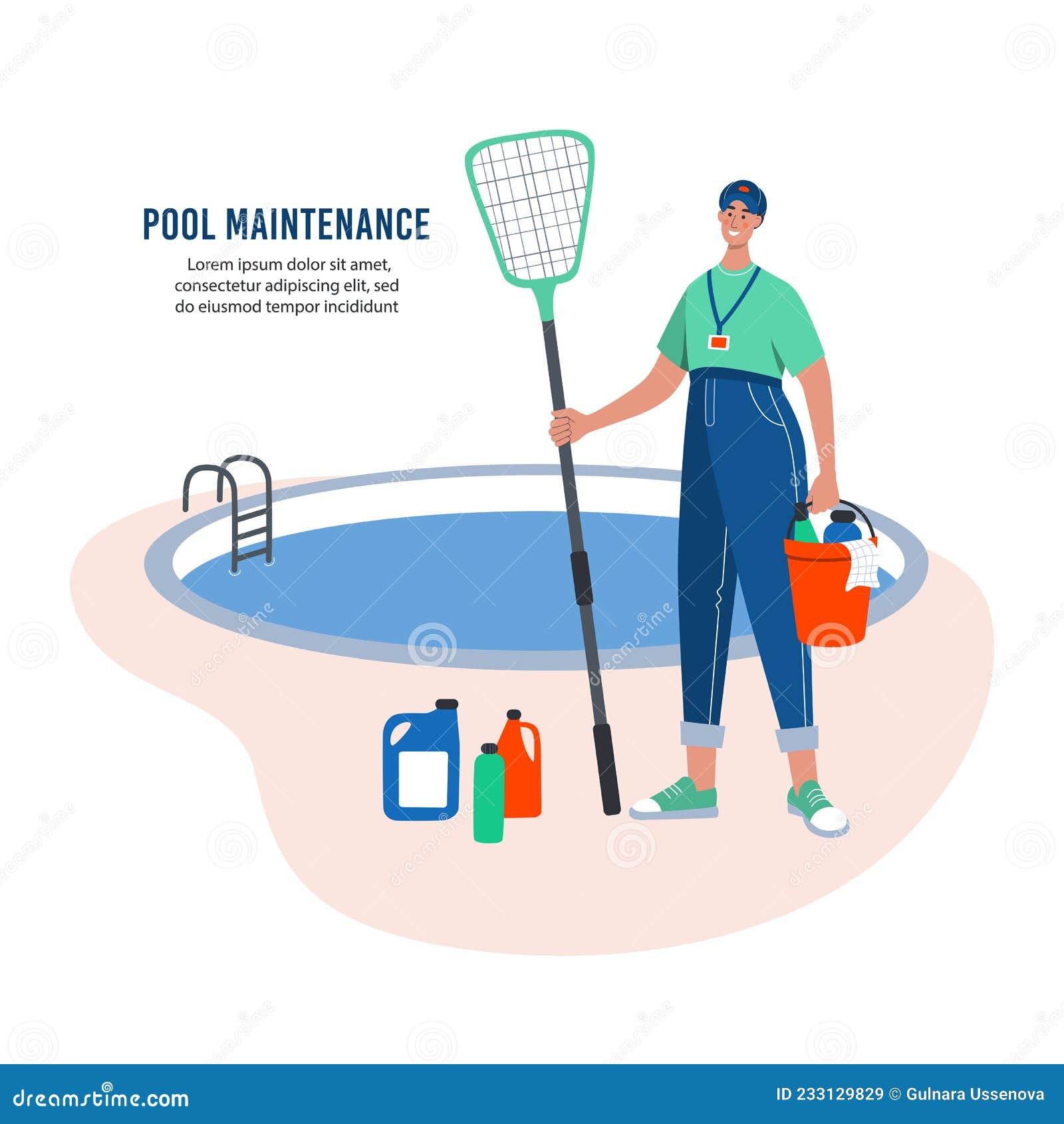 Pool Cleaner with Equipment. Flat Vector Concept Stock Vector ...