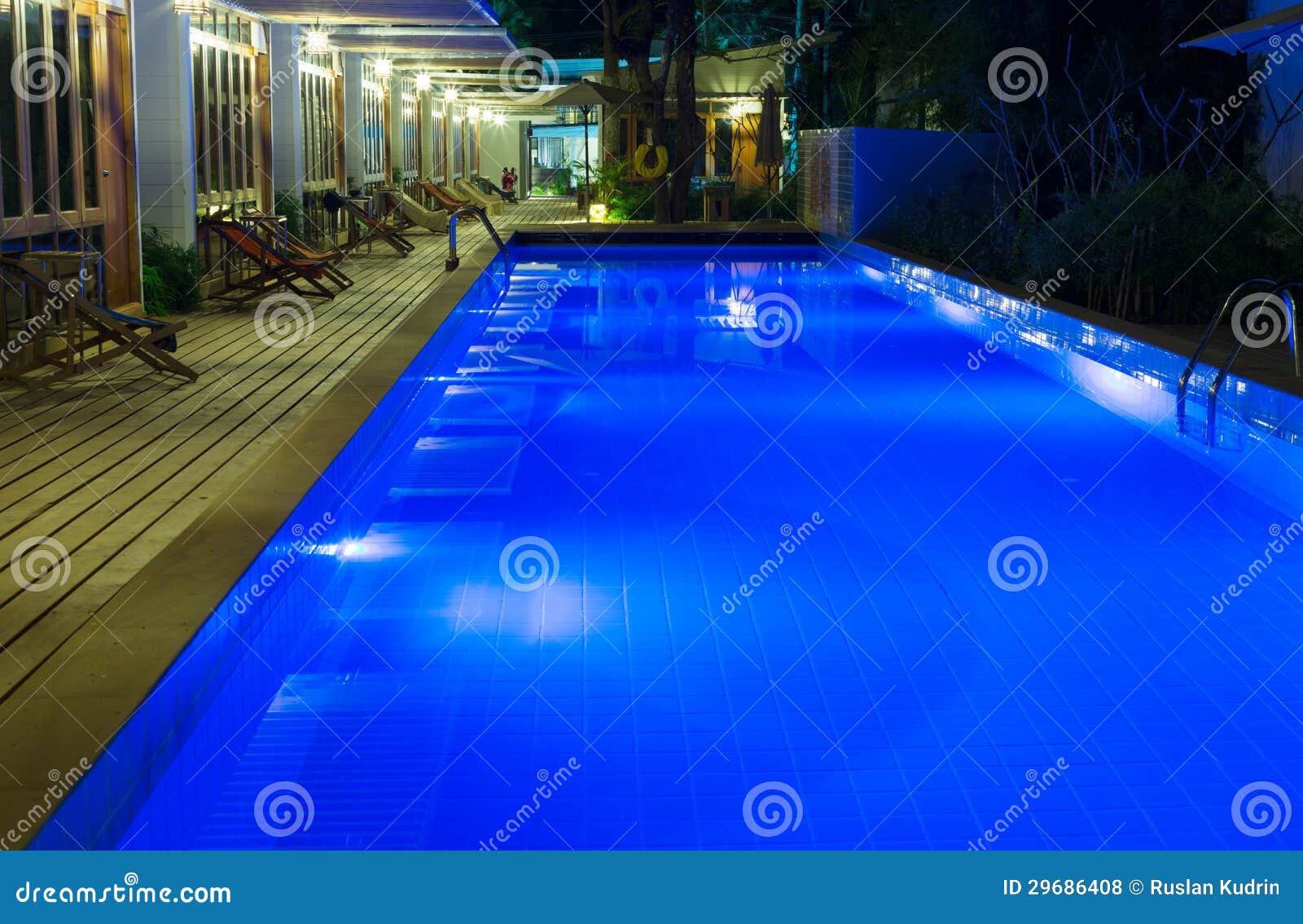 Pool and garden by night stock photo. Image of reflection - 29686408