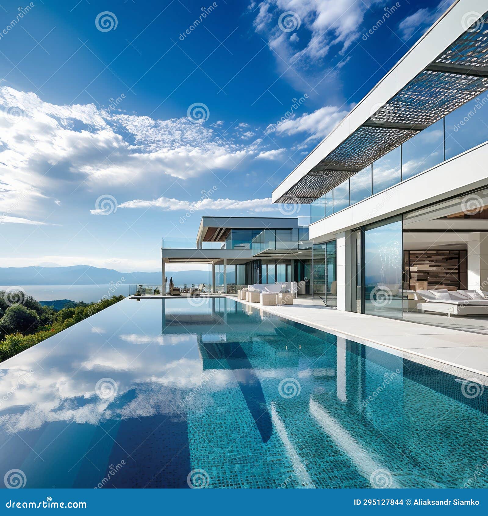 A Pool with Large Building and View of Ocean Stock Photo - Image of ...