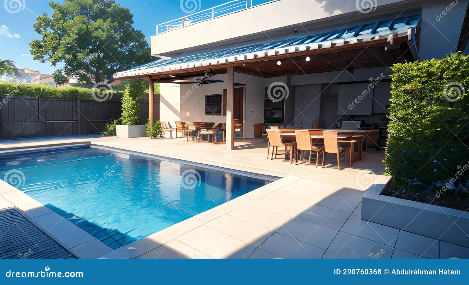A Pool with Lounge Chairs and a Table in the Middle Stock Illustration ...