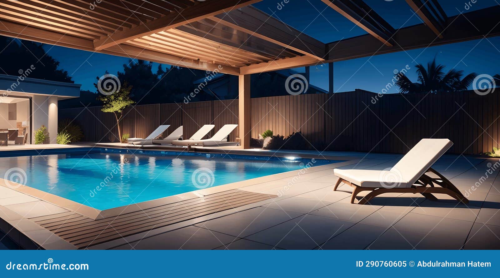 A Pool With Lounge Chairs And A Table In The Middle Royalty-Free Stock ...