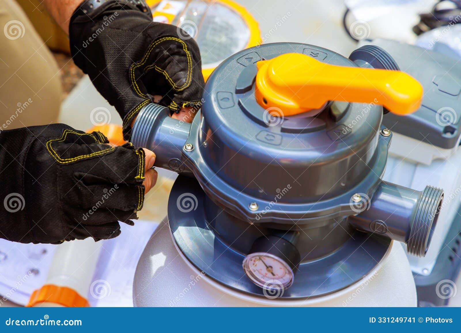 Pool Maintenance Worker Assembles Sand Filter System Tank Equipment for ...