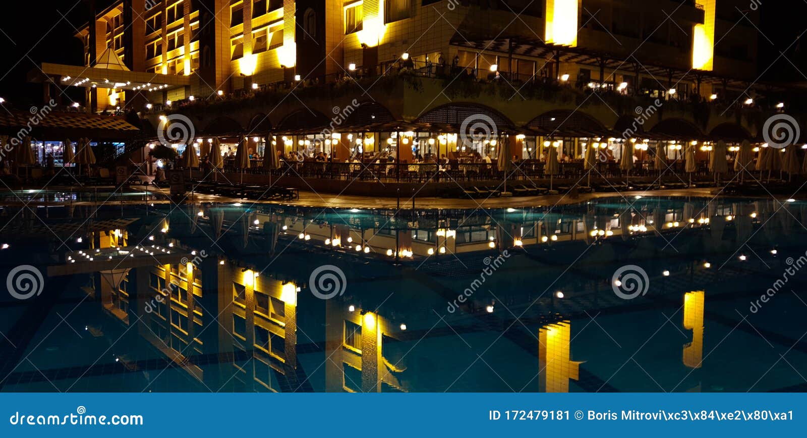 Pool at Night and Nice Reflection of Buildings Stock Image - Image of ...