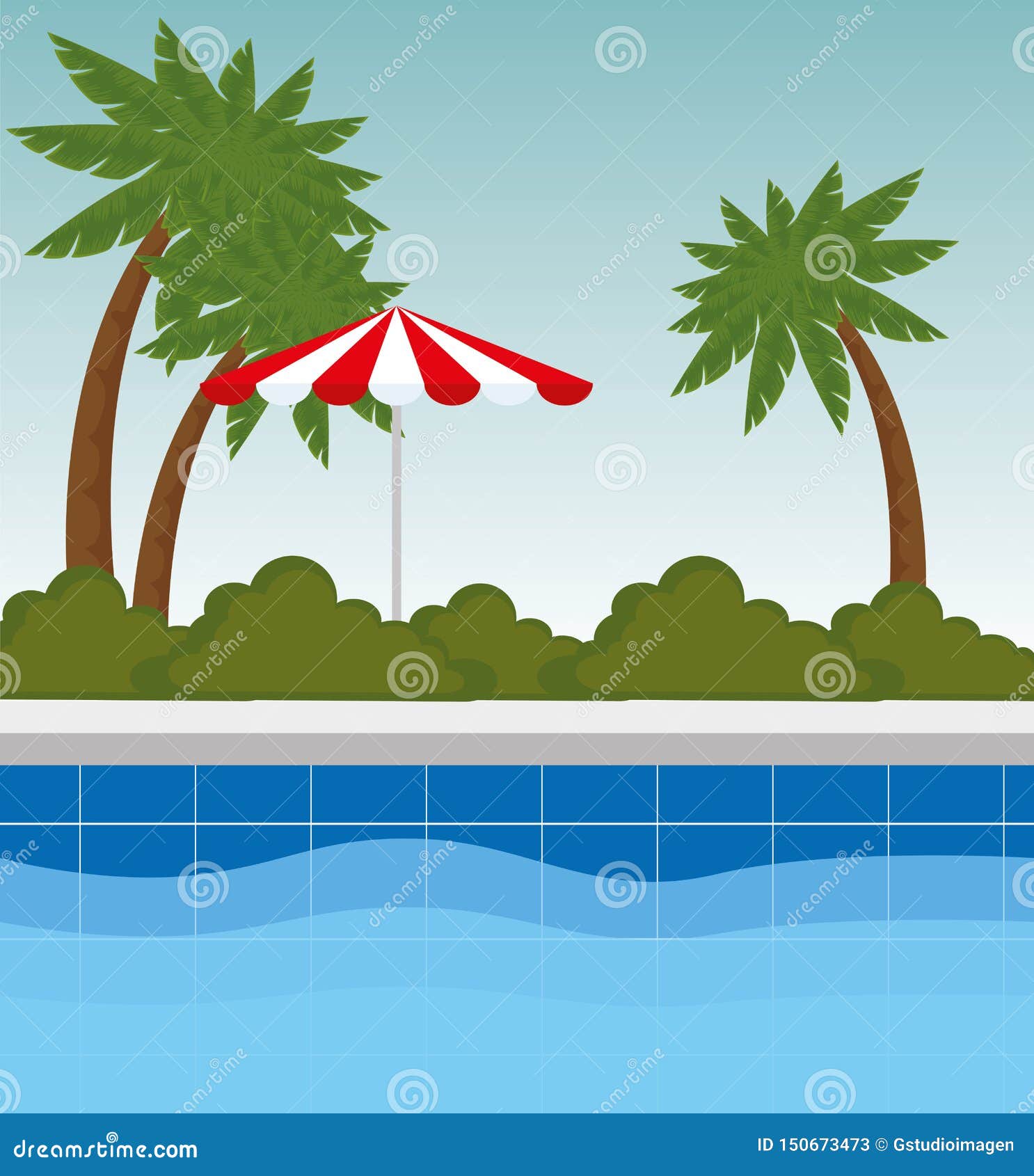 Pool with Palms Trees and Bushes Plants with Umbrella Stock ...