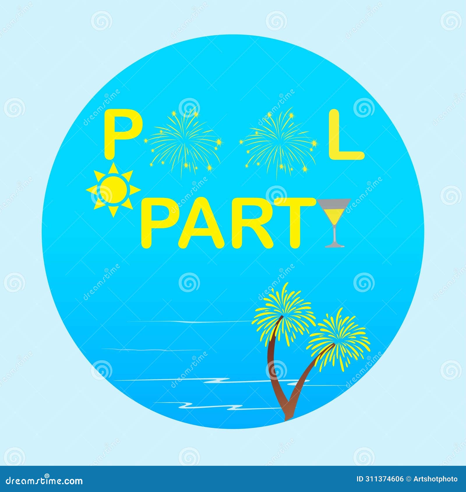 Pool Party Invitation Poster with Blue Water, Fireworks, Sun, Palm Tree ...