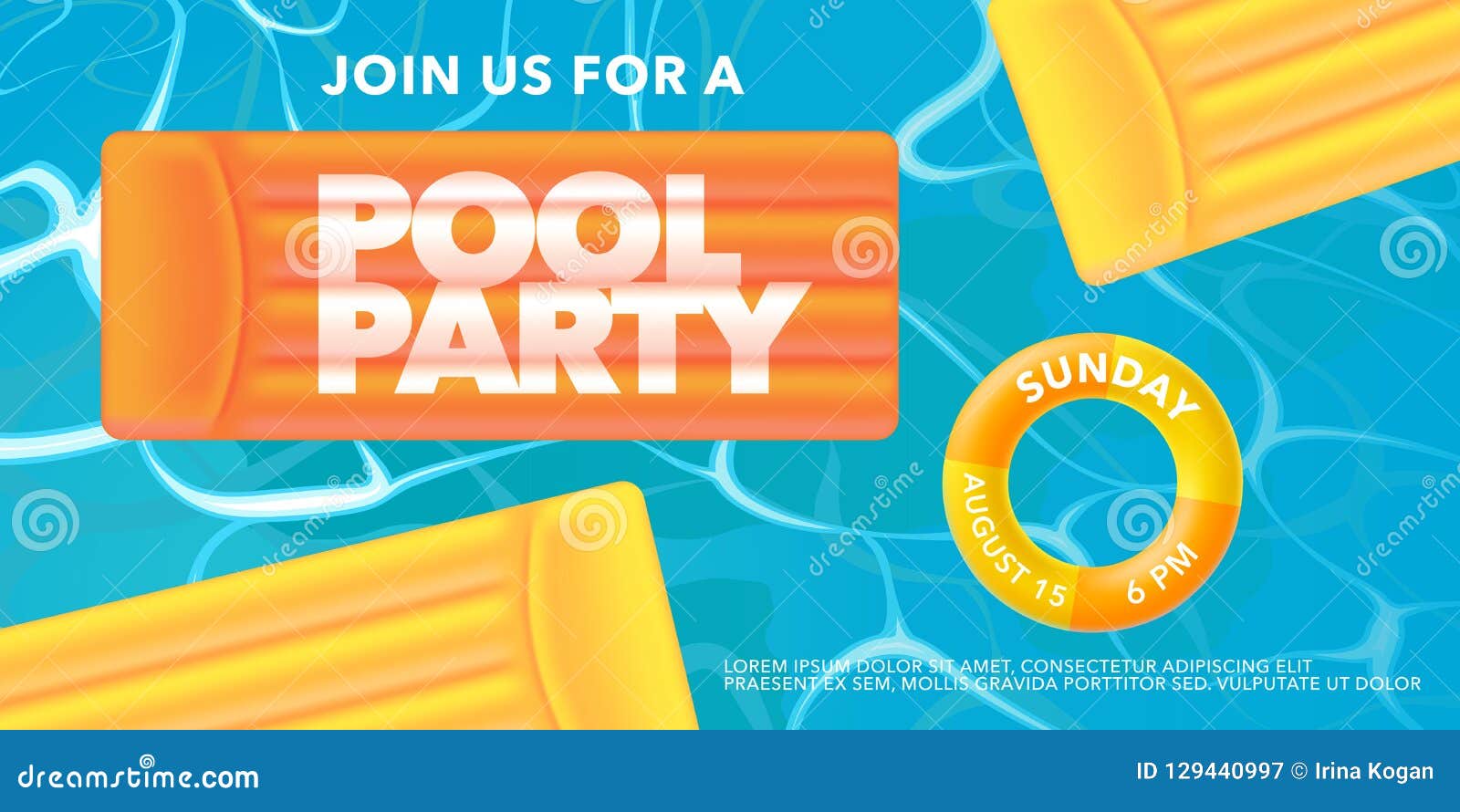 Pool Party Background With Inflatable Ring In The Swimming Pool Vector ...